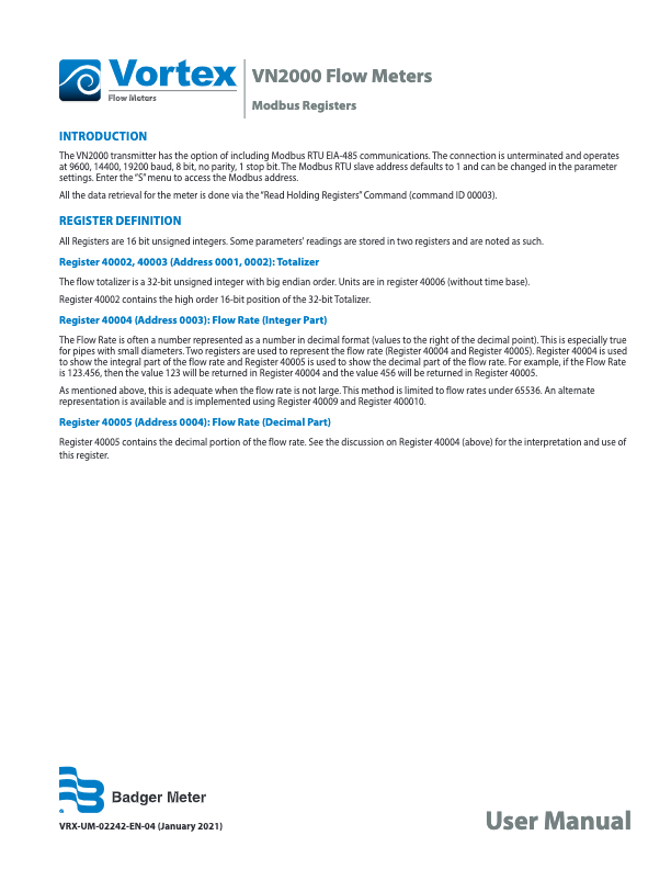 Vortex VN2000 Manual_Badger Meter_Compact Insertion Flow Meter | ENVIMART
